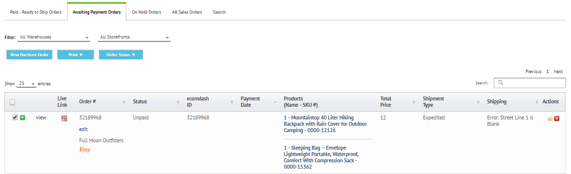 The Awaiting Payment Orders Screen – ecomdash support